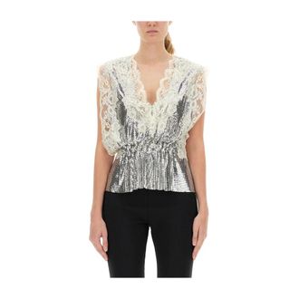 Paco Rabanne Oberteil mit Netz und Spitzenbesatz und Raffung an der Taille - - Blouses & Shirts - Damen - Grau - S