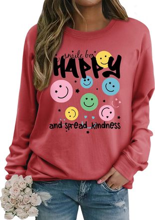 Dresswel Damen Sweatshirt Smile Brief Drucken Pullover Lustiges L&auml;chelndes Rundhals Langarmshirt Baumwolle Pulli Herbst Winter Casual Oberteile Langarm Tops