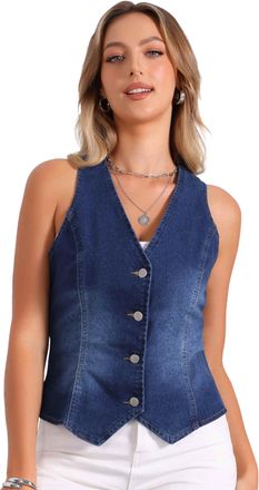 Allegra K Damen Jeansweste mit V-Ausschnitt Knopfleiste Modische Elegant &Auml;rmellos Denim Weste Jacke Dunkelblau XL