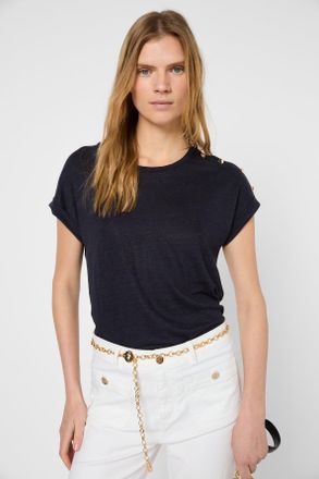 Gerard Darel T-shirt &agrave; boutons dor&eacute;s en lin - GIGI - Marine