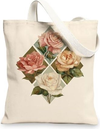 Generic Sacs fourre-tout vintage en toile motif rose, sacs à provisions réutilisables, légers et lavables avec bandoulière en toile Ba, beige, 13x15 Inch