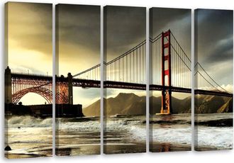 Feeby Leinwandbild - 5 Teile - Bilder, Wand Bild, Wandbilder, Kunstdruck XXL, 5-Teilig, Typ C, 100x70 cm, BUCHT VON SAN FRANCISCO, GOLDEN GATE BRIDGE, SONNE