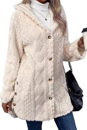 Onsoyours Gilet Femme Hiver Long en Tricot Cardigan &agrave; Capuche Manches Longues Boutonnage Casual Automne Gilet Long Polaire A Beige M