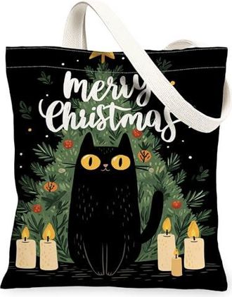 Generic Sacs fourre-tout en toile motif chat de No&euml;l, sacs d&eacute;picerie r&eacute;utilisables, festifs l&eacute;gers et lavables avec bandouli&egrave;re Ca, noir, 13x15 Inch