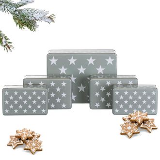 Brandsseller 5er Set Keksdosen aus Metall - Weihnachtsdosen mit Deckel, lebensmittelechte Vorratsdosen f&uuml;r Pl&auml;tzchen, Geb&auml;ck & Kekse - Grau Sterne