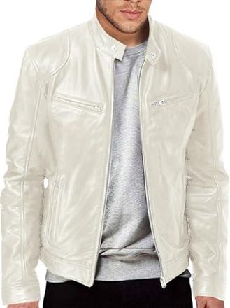 Generic Veste de moto en cuir synthétique pour homme - Manches longues - Fermeture éclair - Coupe ajustée - Coupe-vent - Vintage - Léger - Revers, blanc, 3XL