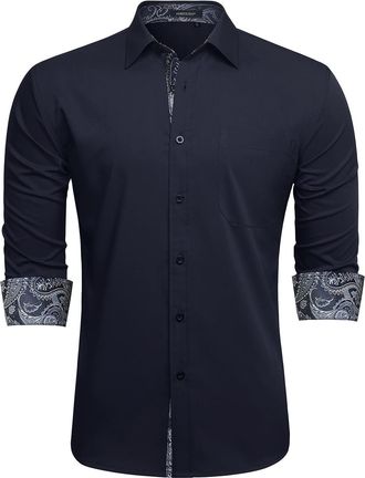 Hisdern Herren Freizeithemd Navy blau Hemd Klassisch Formelle Businesshemden Langarm Regular Fit Baumwolle Hemden Mit Taschen 2XL