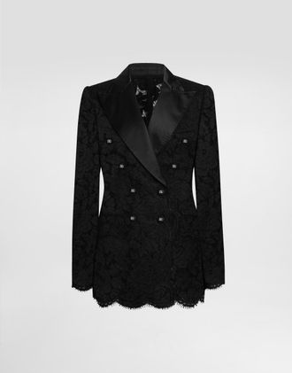 Dolce & Gabbana Zweireihige Jacke Turlington Aus Floraler Kordelspitze Mit Logo - Frau Blazer Schwarz 42