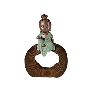 La Chineuse Lachineuse - GuanYin-Göttin-Statuette - asiatische Zen-Ambiente-Dekoration - buddhistische Göttin und Holzstütze - Keramik-Statuette - Mehrfarbig - Fi