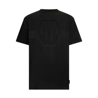 Philipp Plein Homme, Tops, Noir, Taille: S T-Shirt Col Rond Jacquard Ligne Hexagone