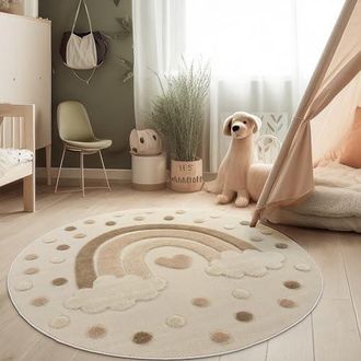 Paco Home Tapis Chambre Enfant Bebe Fille Garcon Rond Moelleux 3D Moderne Pelucheux Arc-en-Ciel 3D Moelleux Doux Style Moderne