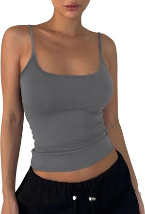 Onsoyours Spaghetti Top Damen Sommer Tank Top &Auml;rmellose Oberteile Sexy Slim Fit Cami Crop Top Einfarbig Basic Shirts A Dunkelgrau XS