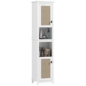 HOMCOM Badezimmerschrank mit 2 T&uuml;ren mit Rattanfronten Boho-Badeschrank mit verstellbaren Einlegeb&ouml;den und 2 F&auml;chern 40x30x167,5 cm Wei&szlig;