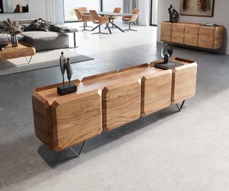 DELIFE Lowboard Kiano 200 cm Akazie Natur 4 Türen V-Fuß Edelstahl Raumteiler, Fernsehtische