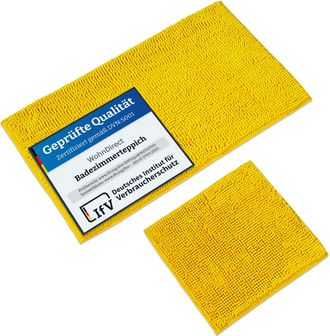 WohnDirect Badematten Set 2 teilig Gelb - WC Vorleger (45x45cm), Badematte (50x80cm) - rutschfest waschbar Badezimmerteppich OHNE WC-Ausschnitt