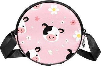 Generic Sac &agrave; bandouli&egrave;re rond pour femme, motif fleurs de vache, petit sac &agrave; bandouli&egrave;re avec fermeture &eacute;clair, bretelles r&eacute;glables, sac &agrave; main rond d&eacute;contra