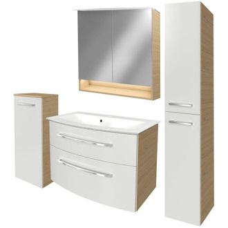 Fackelmann b.style Badm&ouml;bel Set mit Waschbecken mit Unterschrank 80 cm breit - LED-Spiegelschrank - Midischrank und Hochschrank in Wei&szlig; mit Holz