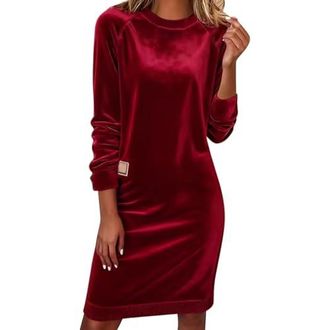 Generic Robe d&eacute;contract&eacute;e en velours dor&eacute; douce unie sexy pour femme et hiver, col rond, manches longues, robe rouge pour femme d&eacute;contract&eacute;e, Bordeaux, XXL