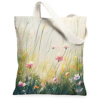 Generic Spring Impatiens Sac fourre-tout en toile pour le shopping 33 x 38 cm, motif fleurs de campagne, sac d&eacute;picerie r&eacute;utilisable pour femme, peinture de vo
