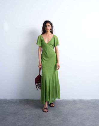 Topshop Robe mi-longue avec manches &eacute;vas&eacute;es et ourlet &agrave; basque - Vert