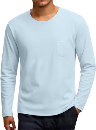 Generic Chemise de pyjama en coton pour homme - Haut uni &agrave; manches longues - Col rond - Coupe ample - Confortable - Respirant - V&ecirc;tements de sport pour lint&eacute;r