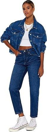 Trendyol Damen Gerade Mama Hohe Taille Jeans, Dark Blue, 34 aux Femmes