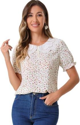 Allegra K Chemisier Fleuri à Manches Bouffantes et col Claudine pour Femmes Blanc L