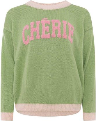 Zwillingsherz Strickpullover Cherie Rundhals, farbig abgesetzte Kanten, Schriftzug, One Size