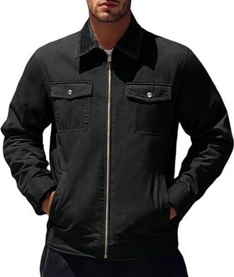 Generic Veste pour homme avec poches poitrine - Veste cargo avec fermeture &eacute;clair - En coton - Couleur unie - Avec col rabattu - Confortable - Coupe-vent - Ve