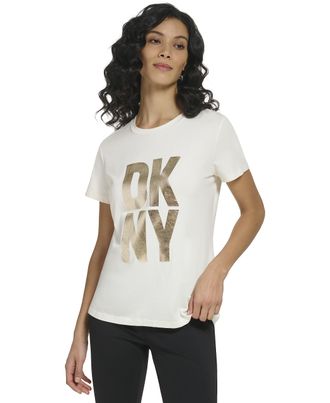 DKNY Womens S/S Stack Logo Tee, Pristine, S