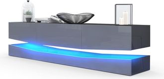 Vladon Lowboard City, Made in Germany, TV-Kommode mit Sockelelement, 1 offenem Fach und 3 Schubkästen, Schwarz Hochglanz/Grau Hochglanz, inkl. LED-Beleuchtun