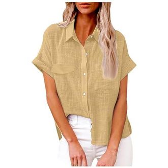 Generic Chemise d&eacute;t&eacute; en coton et lin &agrave; manches courtes pour femme - Tunique d&eacute;contract&eacute;e ample unie - V&ecirc;tements tendance avec poches, jaune, 3XL