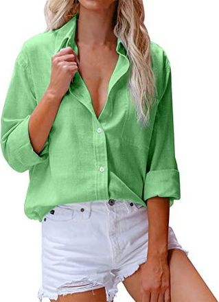 Generic Hauts en lin pour femmes tendance Lmitation Coton Lin Chemisier pour femme Col en V D&eacute;contract&eacute; Coupe ample Manches longues T-shirt V&ecirc;tements, Vert, X