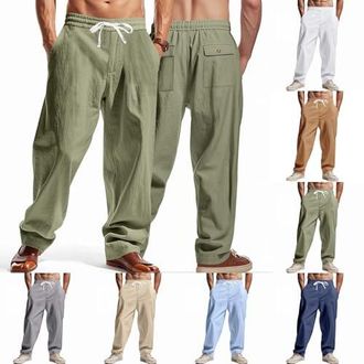 Generic Pantalon ample en coton et lin pour homme - Taille &eacute;lastique - Pantalon de yoga l&eacute;ger - Couleur unie - Coupe d&eacute;contract&eacute;e - Ourlet ouvert - Avec poche
