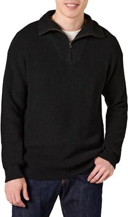 Amazon Essentials Pull en Tricot côtelé, Coupe décontractée, col zippé Homme, Noir, XXL