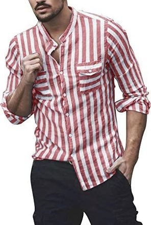 Generic Chemise de plage en lin pour homme - Chemise ray&eacute;e fine en lin - Polo pour homme - Coupe ajust&eacute;e - Manches longues - Col en V - T-shirt graphique pour