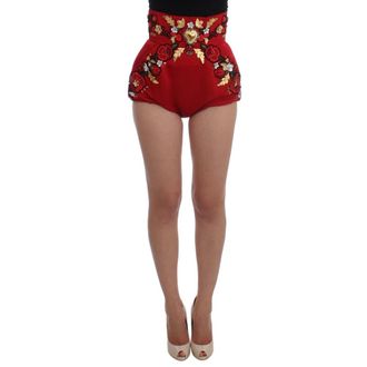 Dolce & Gabbana Rote Seidenrosen Bestickte Kristall Hohe Taille Mini Shorts - - Shorts - Damen - Rot - S
