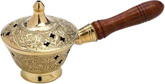 NKlaus Räucherpfännchen mit Holzgriff für Weihrauch Räucherwerk Räuchermischung Räuchergefäß Messing Gold massiv Handarbeit Dekoration Esoterik Weihrauchbren