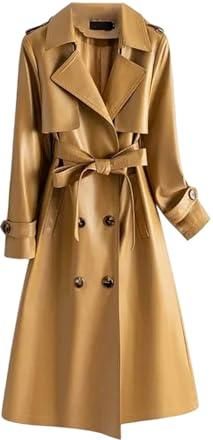 Generic Manteau Trench Femme Automne Hiver Cuir Peau de Mouton - Classique Revers Long Loose Oversize Veste avec Ceinture, 2, M