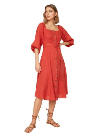Trendyol Damen With a Belt Button Dress, Cinnamon, 38 EU