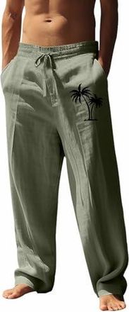 Generic Pantalon en lin pour homme, coupe ample, d&eacute;contract&eacute;, imprim&eacute; cocotier, pantalon de plage, jambe droite, vacances, pantalon de jogging &agrave; ourlet ouvert