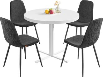 Vasagle Runder Tisch mit 4 Esszimmerstühlen, Essgruppe, Stahlgestell, einfacher Aufbau, schneeweiß-schiefergrau KDT184W02