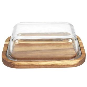 The Home Deco Factory KA0096 Beurrier Verre et Acacia, Design &Eacute;l&eacute;gant et Pratique, Service de Table, R&eacute;sistant &agrave; lHumidit&eacute;, 19x14 cm, Transparent et Marron
