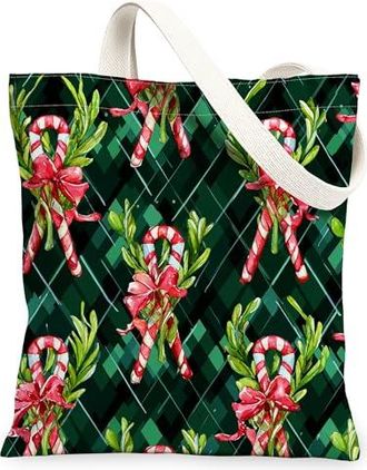 Generic Sacs fourre-tout en toile de vacances, motif canne &agrave; sucre dorge festif et motif floral, sacs de courses r&eacute;utilisables, style vintage, toile l&eacute;g&egrave;re et