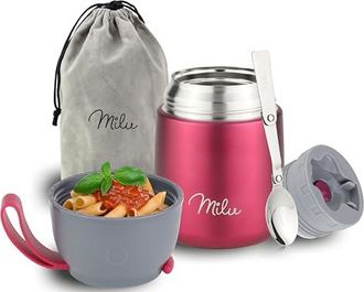 Milu Bo&icirc;tes Alimentaires Isothermes 450ml I 650ml I 800ml, Bo&icirc;te Isotherme Repas Chaud Porte-Aliments en Acier Inoxydable &agrave; Double Couche, Cuill&egrave;re Pliante