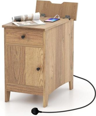 Costway Costway - Table dAppoint avec Prise, Bout de Canape avec Tiroir, 2 Prises, 1 Port usb, 1 Port Type-C, Petite Table Basse Etroite 60 cm pour Petit