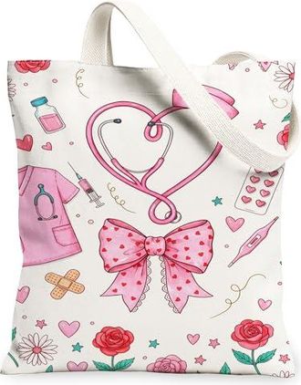 Generic Sacs fourre-tout en toile m&eacute;dicale, motif coeur mignon et st&eacute;thoscope, sacs d&eacute;picerie r&eacute;utilisables, l&eacute;gers et lavables, p&ecirc;che, 13x15 Inch