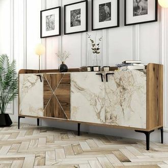 Dmora Console Deneb, Buffet de Salon, Meuble Bas pour TV, Socle Mural équipé, 180x35 h78 cm, Noyer et Marbre Blanc