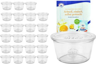 MamboCat 24er Set Weck Gläser 370ml 1/4 Liter Sturzgläser mit 24 Glasdeckeln inkl. Gelierzauber Rezeptheft von Diamantzucker I Original Weck Sturzglas I Einwec