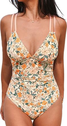 Cupshe Damen Badeanzug V Ausschnitt Triangel Raffung Bauchkontrolle O-Ring R&uuml;ckenausschnitt Einteilige Bademode Swimsuit Orange/Gelb Gebl&uuml;mt XL